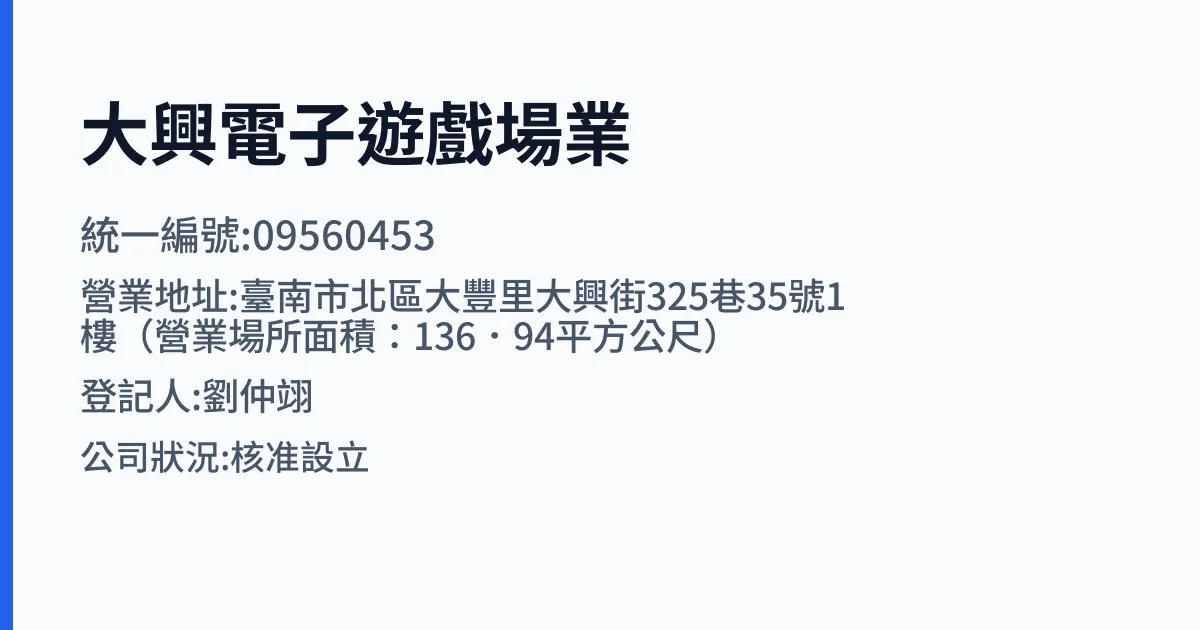 大興電子遊戲場業 - 統編 09560453(臺南市) 公司登記資料與營業項目詳細圖表