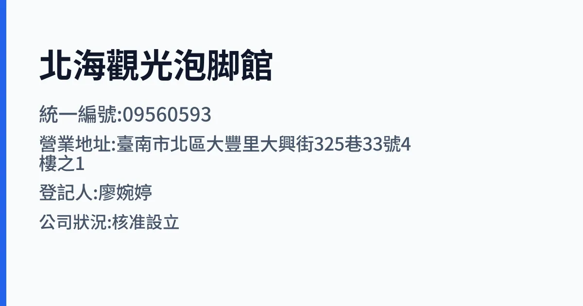 北海觀光泡脚館 - 統編 09560593(臺南市) 公司登記資料與營業項目詳細圖表