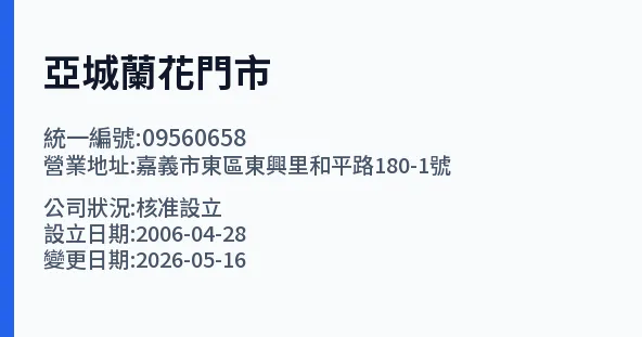 亞城蘭花門市的照片-統編 09560658(嘉義市) 公司登記資料與營業項目詳細圖表