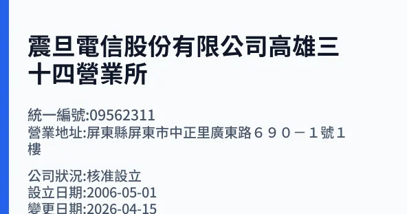 震旦電信股份有限公司高雄三十四營業所的照片-統編 09562311(屏東縣) 公司登記資料與營業項目詳細圖表