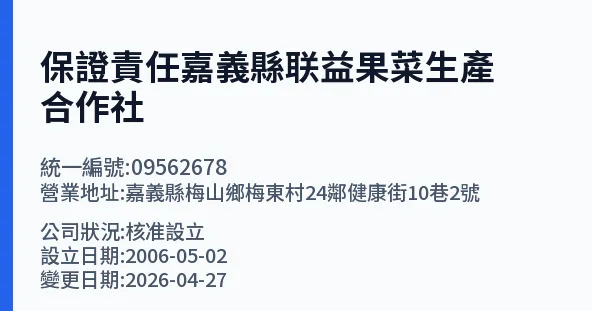 保證責任嘉義縣联益果菜生產合作社的照片-統編 09562678(嘉義縣) 公司登記資料與營業項目詳細圖表