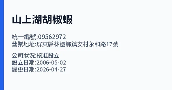 山上湖胡椒蝦的照片-統編 09562972(屏東縣) 公司登記資料與營業項目詳細圖表