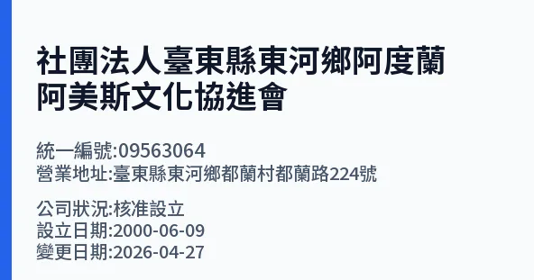 社團法人臺東縣東河鄉阿度蘭阿美斯文化協進會的照片-統編 09563064(臺東縣) 公司登記資料與營業項目詳細圖表