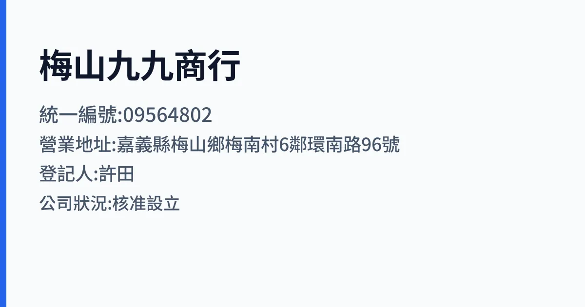 梅山九九商行 - 統編 09564802(嘉義縣) 公司登記資料與營業項目詳細圖表