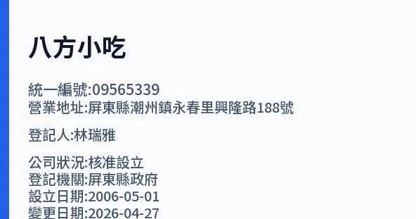 八方小吃的照片-統編 09565339(屏東縣) 公司登記資料與營業項目詳細圖表