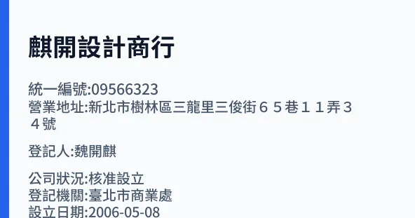 麒開設計商行的照片-統編 09566323(新北市) 公司登記資料與營業項目詳細圖表