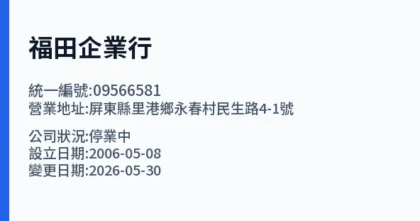 福田企業行的照片-統編 09566581(屏東縣) 公司登記資料與營業項目詳細圖表