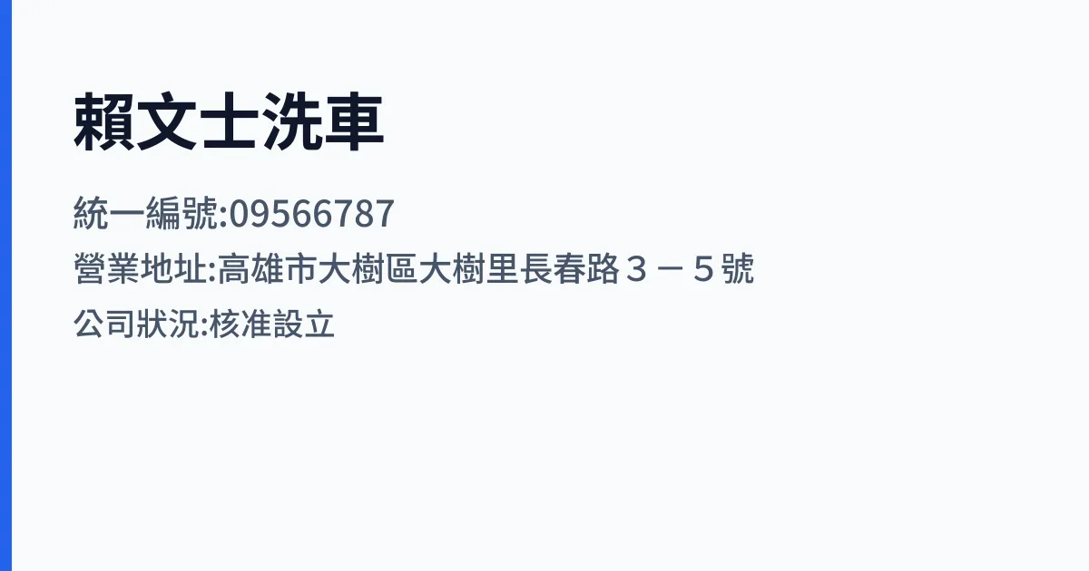 賴文士洗車 - 統編 09566787(高雄市) 公司登記資料與營業項目詳細圖表