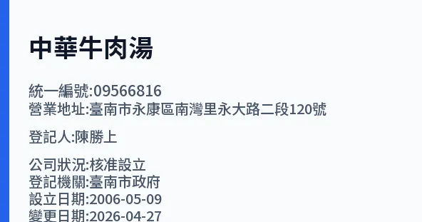 中華牛肉湯的照片-統編 09566816(臺南市) 公司登記資料與營業項目詳細圖表