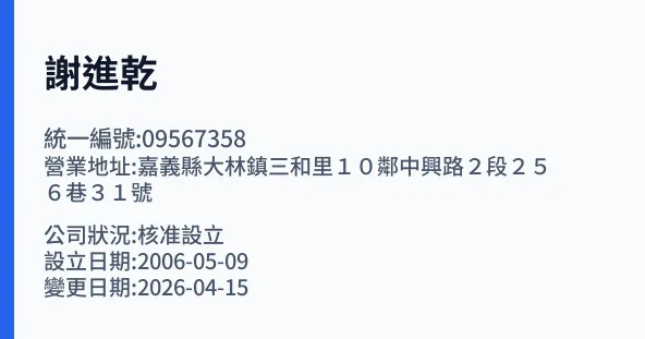 謝進乾的照片-統編 09567358(嘉義縣) 公司登記資料與營業項目詳細圖表