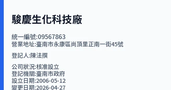 駿慶生化科技廠的照片-統編 09567863(臺南市) 公司登記資料與營業項目詳細圖表