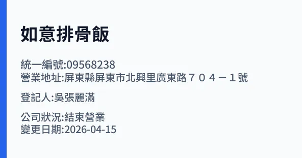 如意排骨飯的照片-統編 09568238(屏東縣) 公司登記資料與營業項目詳細圖表