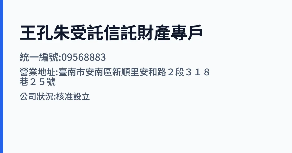 王孔朱受託信託財產專戶 - 統編 09568883(臺南市) 公司登記資料與營業項目詳細圖表