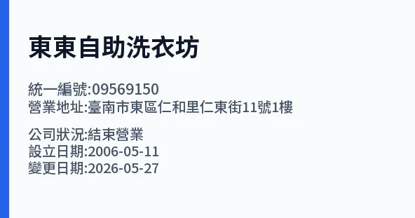 東東自助洗衣坊的照片-統編 09569150(臺南市) 公司登記資料與營業項目詳細圖表