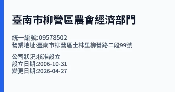 臺南市柳營區農會經濟部門的照片-統編 09578502(臺南市) 公司登記資料與營業項目詳細圖表