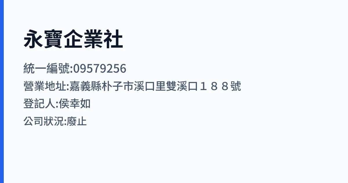永寶企業社 - 統編 09579256(嘉義縣) 公司登記資料與營業項目詳細圖表