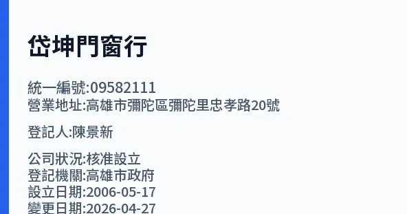 岱坤門窗行的照片-統編 09582111(高雄市) 公司登記資料與營業項目詳細圖表