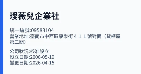 璦薇兒企業社的照片-統編 09583104(臺南市) 公司登記資料與營業項目詳細圖表