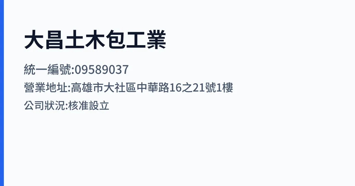 大昌土木包工業 - 統編 09589037(高雄市) 公司登記資料與營業項目詳細圖表