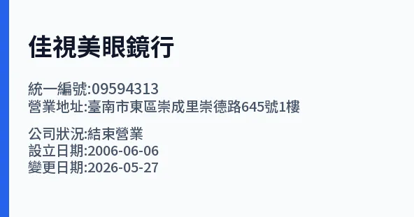 佳視美眼鏡行的照片-統編 09594313(臺南市) 公司登記資料與營業項目詳細圖表