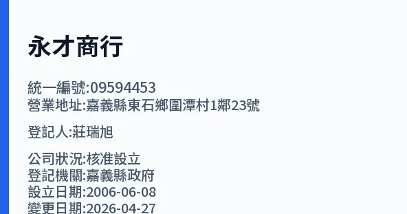 永才商行的照片-統編 09594453(嘉義縣) 公司登記資料與營業項目詳細圖表