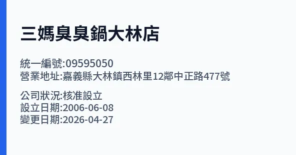 三媽臭臭鍋大林店的照片-統編 09595050(嘉義縣) 公司登記資料與營業項目詳細圖表