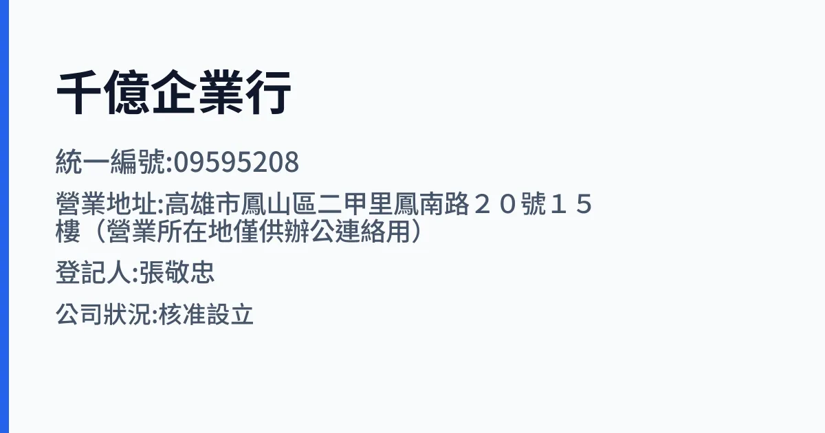 千億企業行 - 統編 09595208(高雄市) 公司登記資料與營業項目詳細圖表