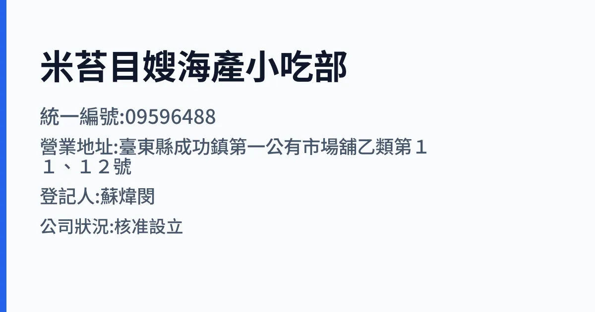 米苔目嫂海產小吃部 - 統編 09596488(臺東縣) 公司登記資料與營業項目詳細圖表