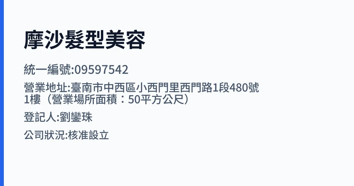 摩沙髮型美容 - 統編 09597542(臺南市) 公司登記資料與營業項目詳細圖表