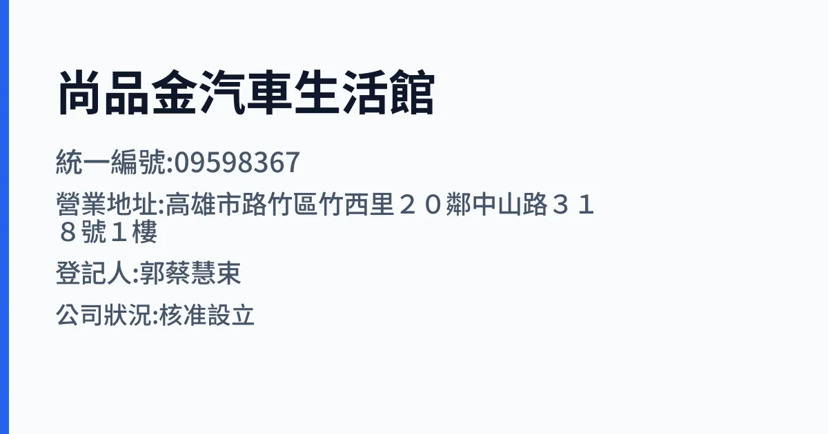 尚品金汽車生活館 - 統編 09598367(高雄市) 公司登記資料與營業項目詳細圖表