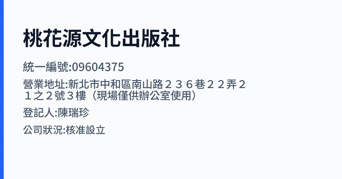 桃花源文化出版社 - 統編 09604375(新北市) 公司登記資料與營業項目詳細圖表