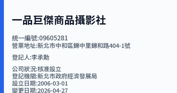 一品巨傑商品攝影社的照片-統編 09605281(新北市) 公司登記資料與營業項目詳細圖表