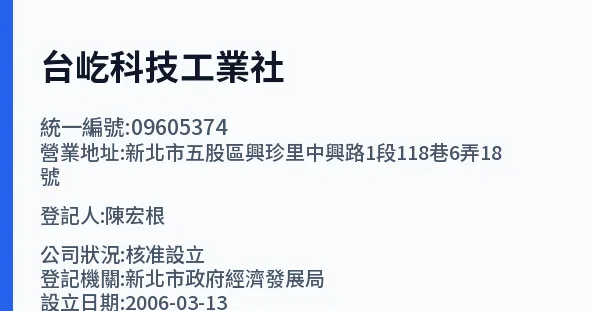 台屹科技工業社的照片-統編 09605374(新北市) 公司登記資料與營業項目詳細圖表