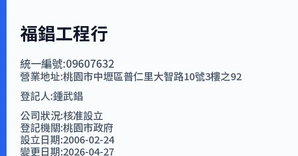 福錩工程行的照片-統編 09607632(桃園市) 公司登記資料與營業項目詳細圖表