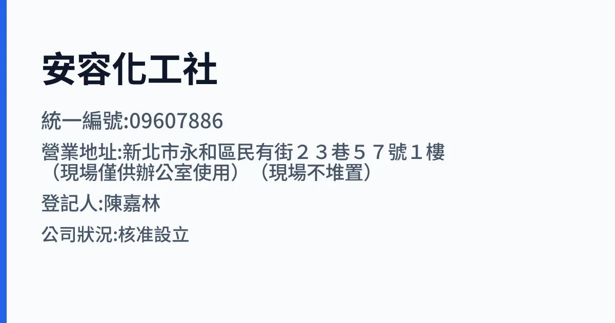 安容化工社 - 統編 09607886(新北市) 公司登記資料與營業項目詳細圖表