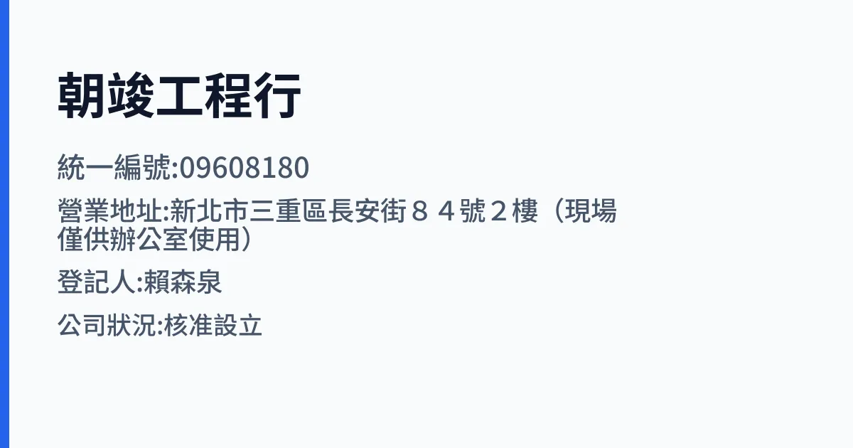 朝竣工程行 - 統編 09608180(新北市) 公司登記資料與營業項目詳細圖表