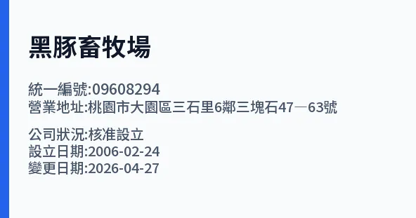 黑豚畜牧場的照片-統編 09608294(桃園市) 公司登記資料與營業項目詳細圖表