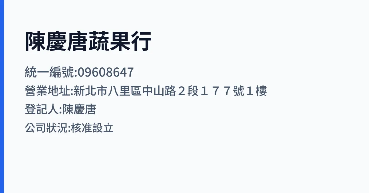 陳慶唐蔬果行 - 統編 09608647(新北市) 公司登記資料與營業項目詳細圖表