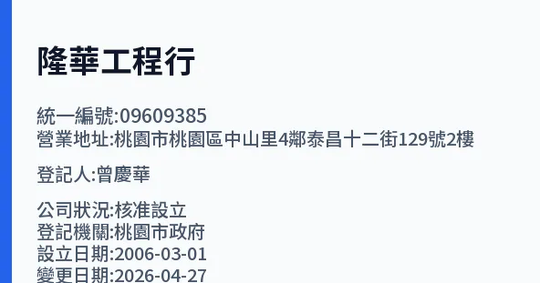 隆華工程行的照片-統編 09609385(桃園市) 公司登記資料與營業項目詳細圖表