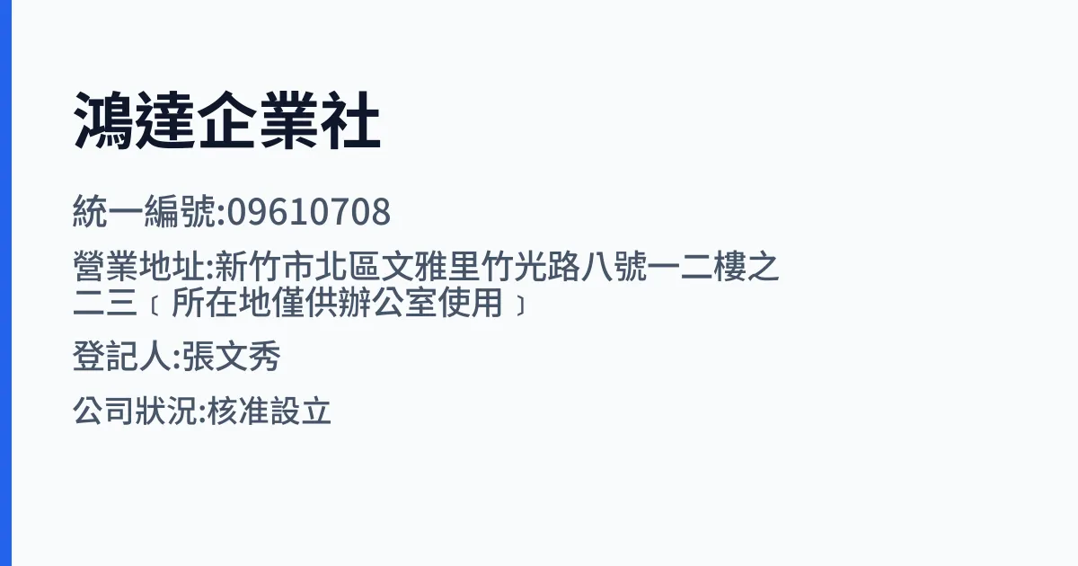 鴻達企業社 - 統編 09610708(新竹市) 公司登記資料與營業項目詳細圖表