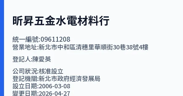 昕昇五金水電材料行的照片-統編 09611208(新北市) 公司登記資料與營業項目詳細圖表