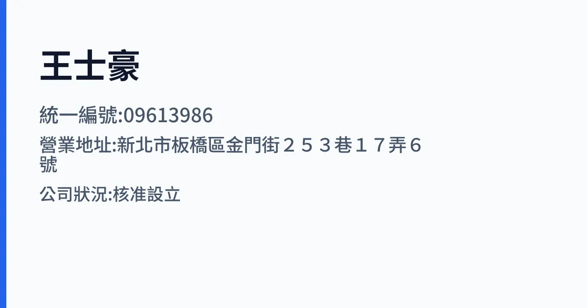 王士豪 - 統編 09613986(新北市) 公司登記資料與營業項目詳細圖表