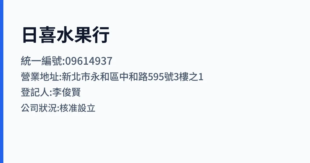 日喜水果行 - 統編 09614937(新北市) 公司登記資料與營業項目詳細圖表