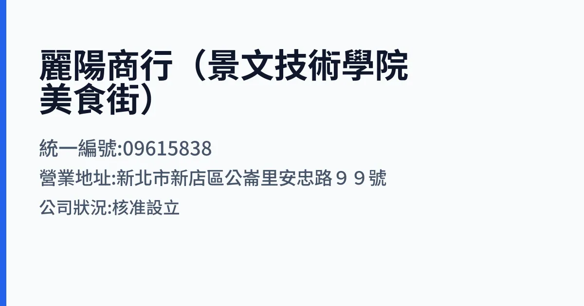 麗陽商行（景文技術學院美食街） - 統編 09615838(新北市) 公司登記資料與營業項目詳細圖表