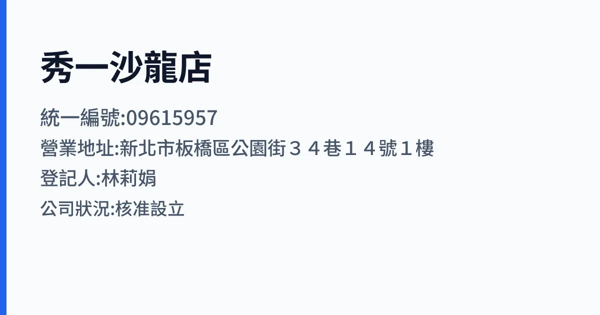 秀一沙龍店 - 統編 09615957(新北市) 公司登記資料與營業項目詳細圖表