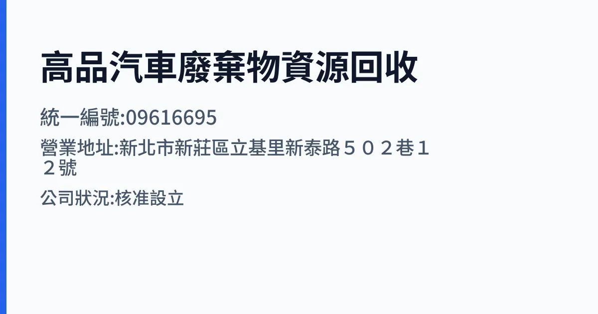 高品汽車廢棄物資源回收 - 統編 09616695(新北市) 公司登記資料與營業項目詳細圖表