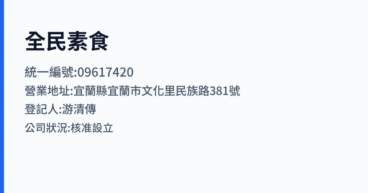 全民素食 - 統編 09617420(宜蘭縣) 公司登記資料與營業項目詳細圖表