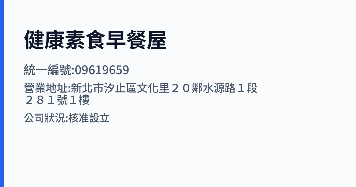 健康素食早餐屋 - 統編 09619659(新北市) 公司登記資料與營業項目詳細圖表