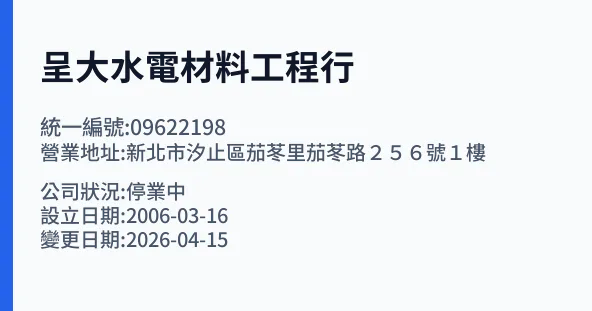 呈大水電材料工程行的照片-統編 09622198(新北市) 公司登記資料與營業項目詳細圖表