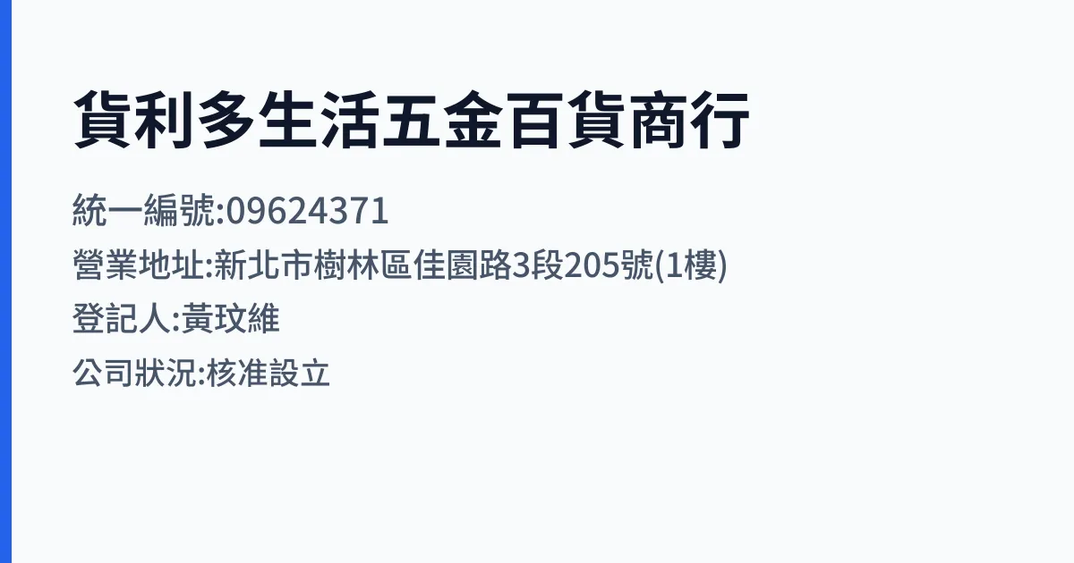 貨利多生活五金百貨商行 - 統編 09624371(新北市) 公司登記資料與營業項目詳細圖表